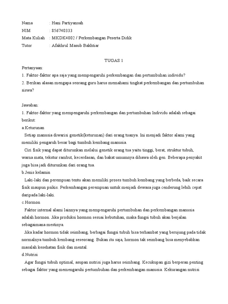 Tugas Tuton 1 Perkembangan peserta didik | PDF