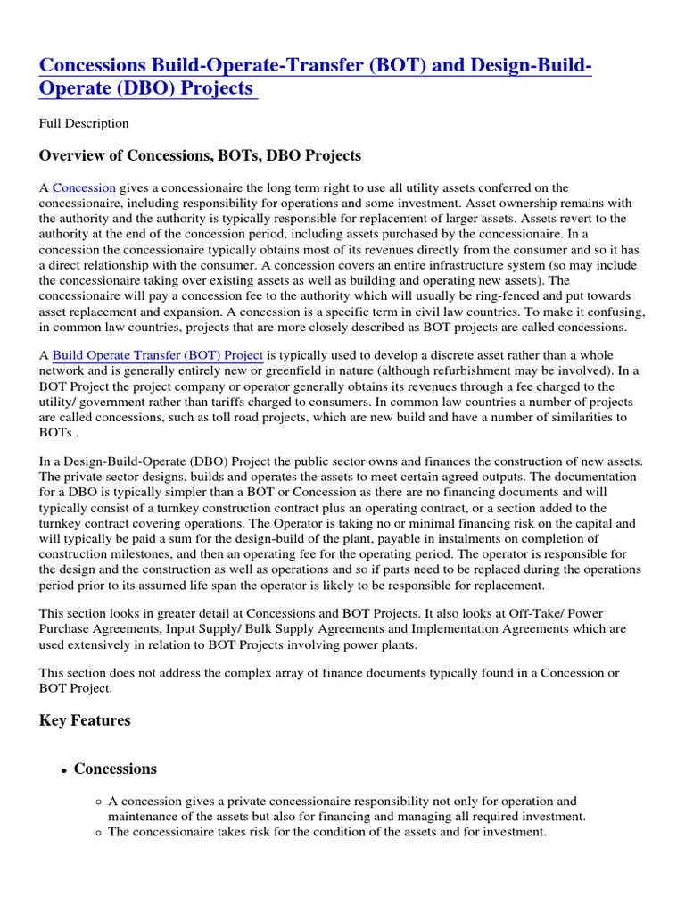 Concessions BuildOperateTransfer BOT and DesignBuildOperate DBO Projects | PDF | Concession ...