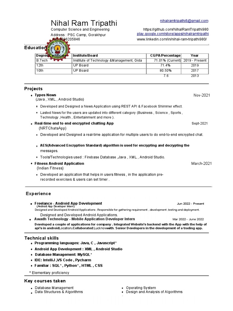 Android Developer Portfolio of Nihal Ram | PDF | Android (Operating System) | Mobile App