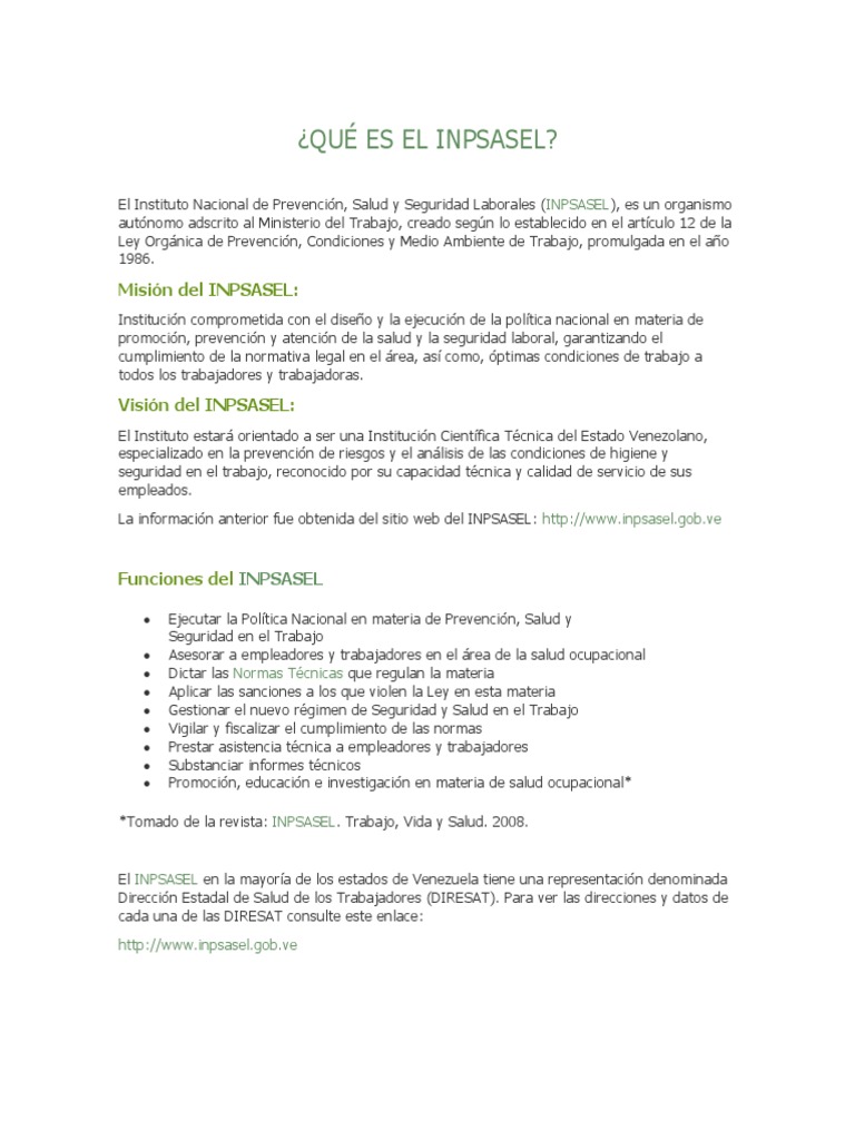 Qué Es El Inpsasel | PDF | Seguridad y salud ocupacional | Derecho laboral