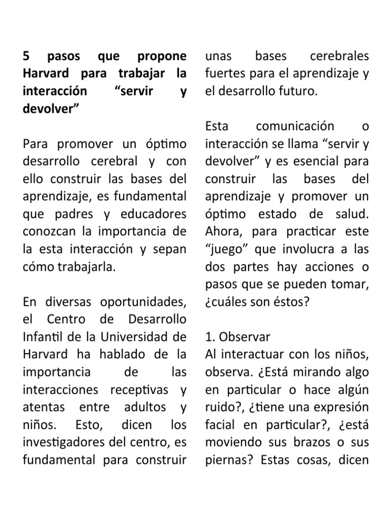 5 Pasos Que Propone Harvard para Trabajar La Interacción "Servir y Devolver" | PDF | Aprendizaje ...