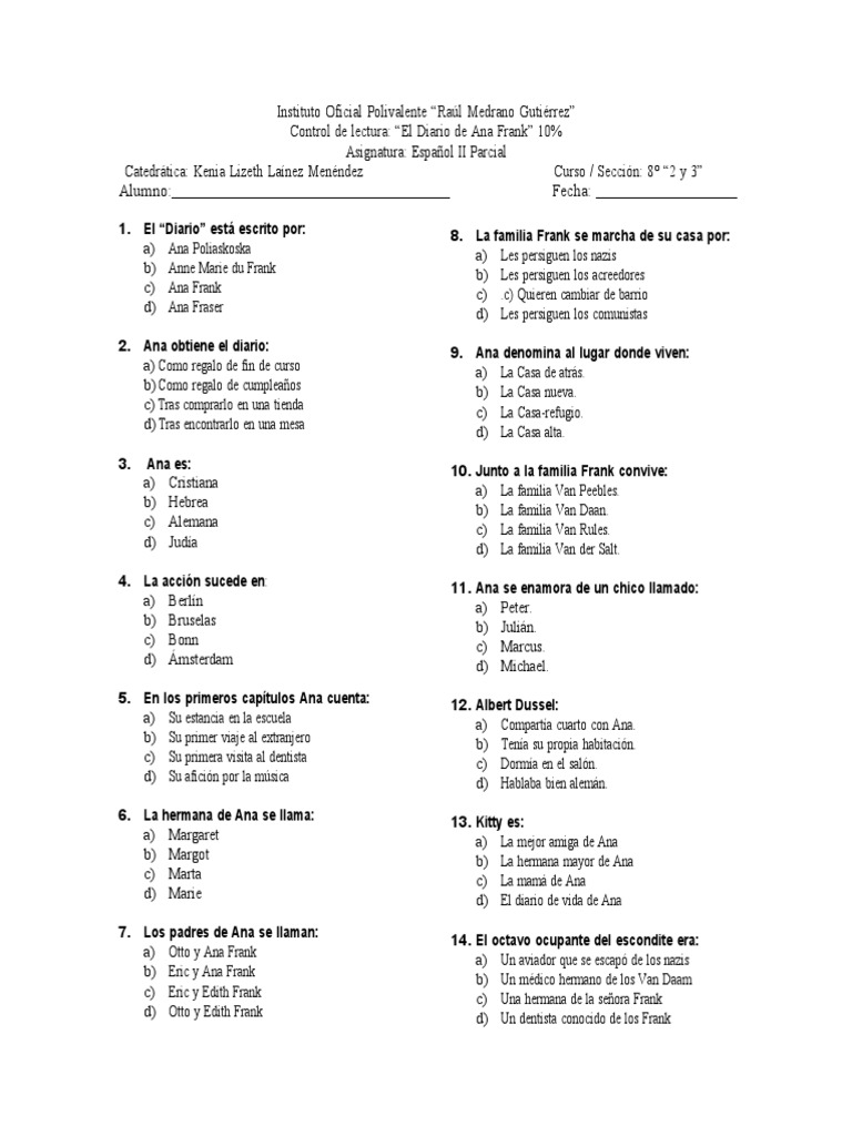 Control de Lectura Ana Frank | PDF | Anne Frank