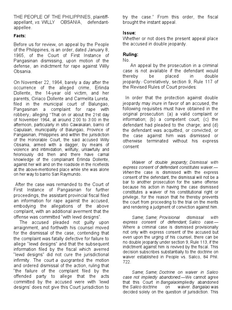 People Vs Obsania | PDF | Complaint | Double Jeopardy