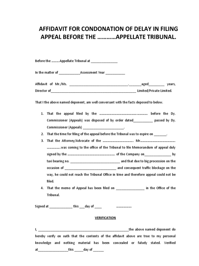 Affidavit For Condonation of Delay in Filing Appeal Before The Income Tax Appellate Tribuna1 | PDF