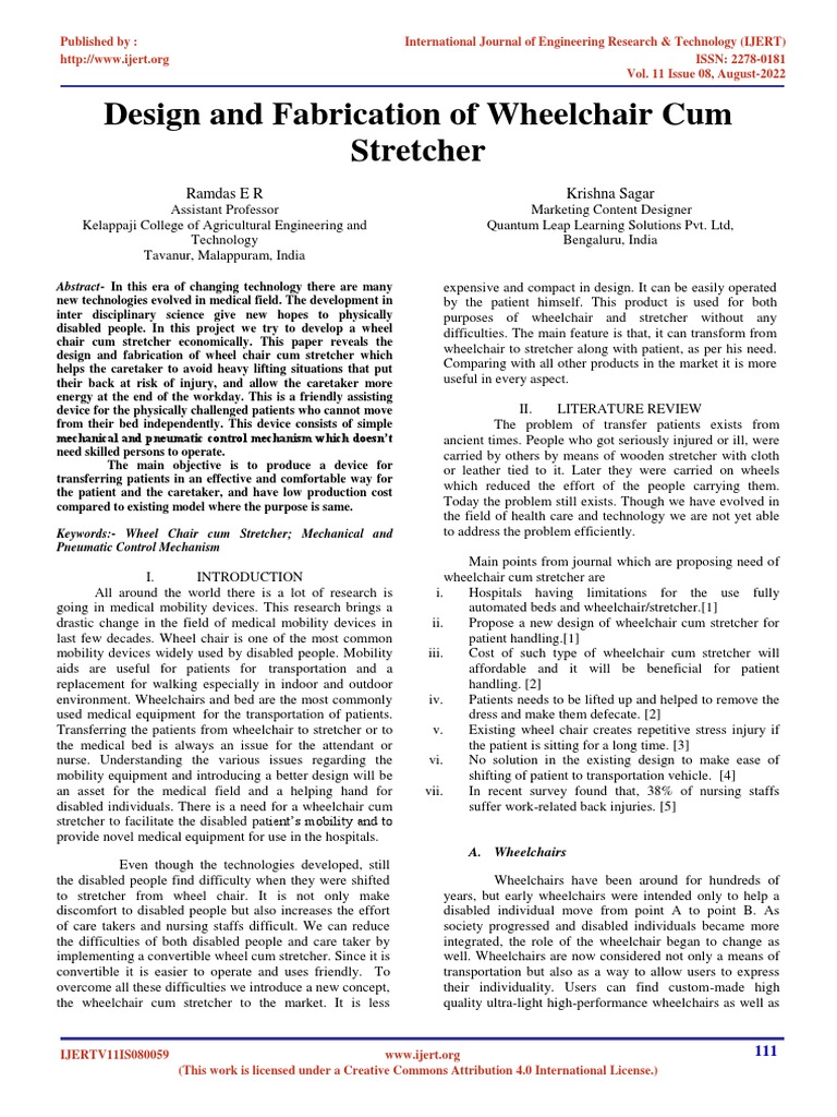 Design and Fabrication of Wheelchair Cum Stretcher IJERTV11IS080059 ...