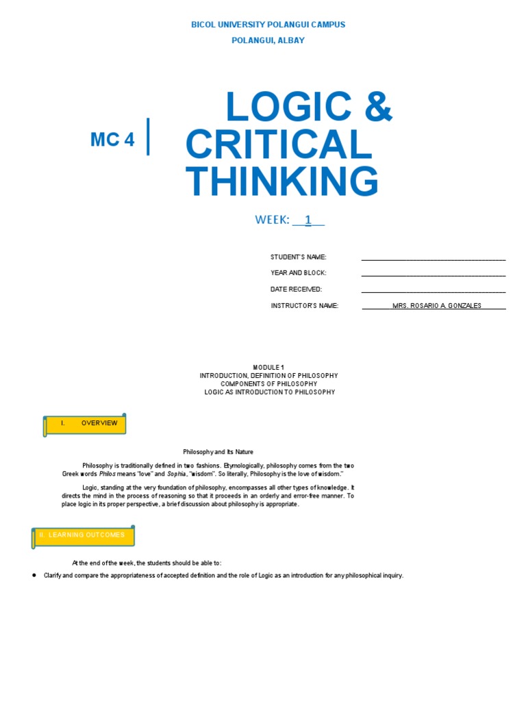 Module 1 MC4 LOGIC CRITICAL THINKING | PDF | Logic | Reason