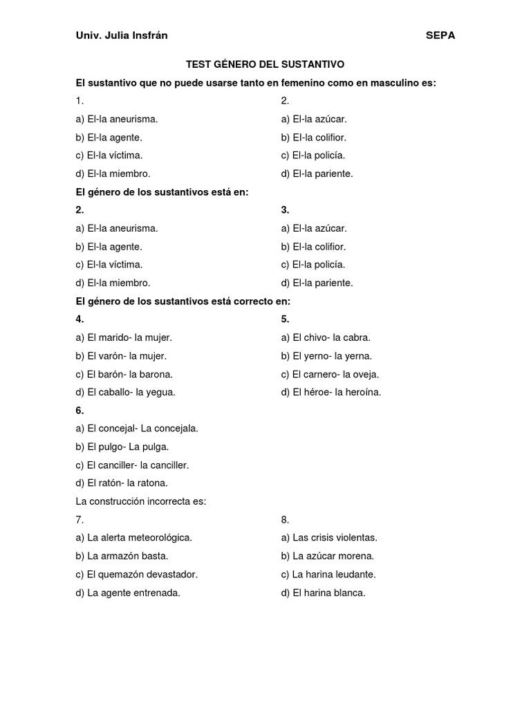 Test de Género del Sustantivo en Español | PDF | Especialidades Medicas ...