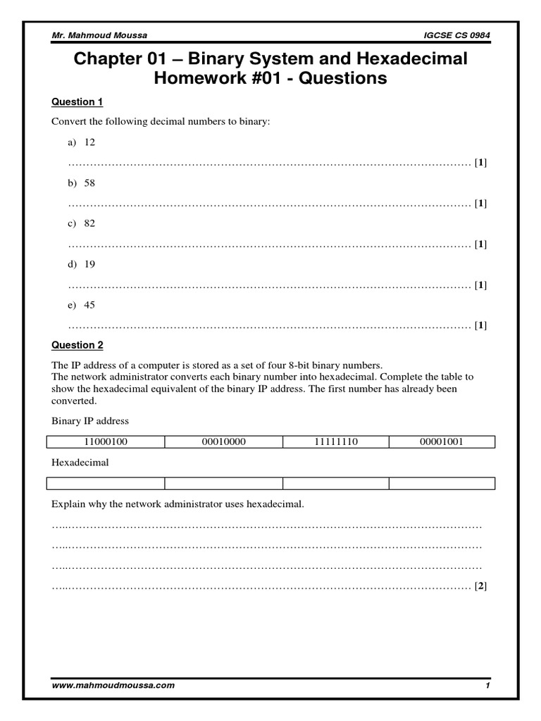 Chapter 01 - Binary System and Hexadecimal Homework #01 - Questions | PDF | Computers ...