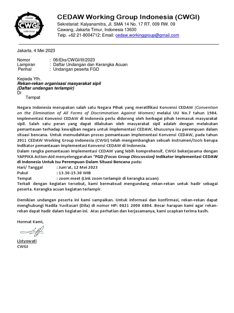 Surat Undangan Peserta FGD CWGI - NGO - 12 - Mei - 2023 | PDF