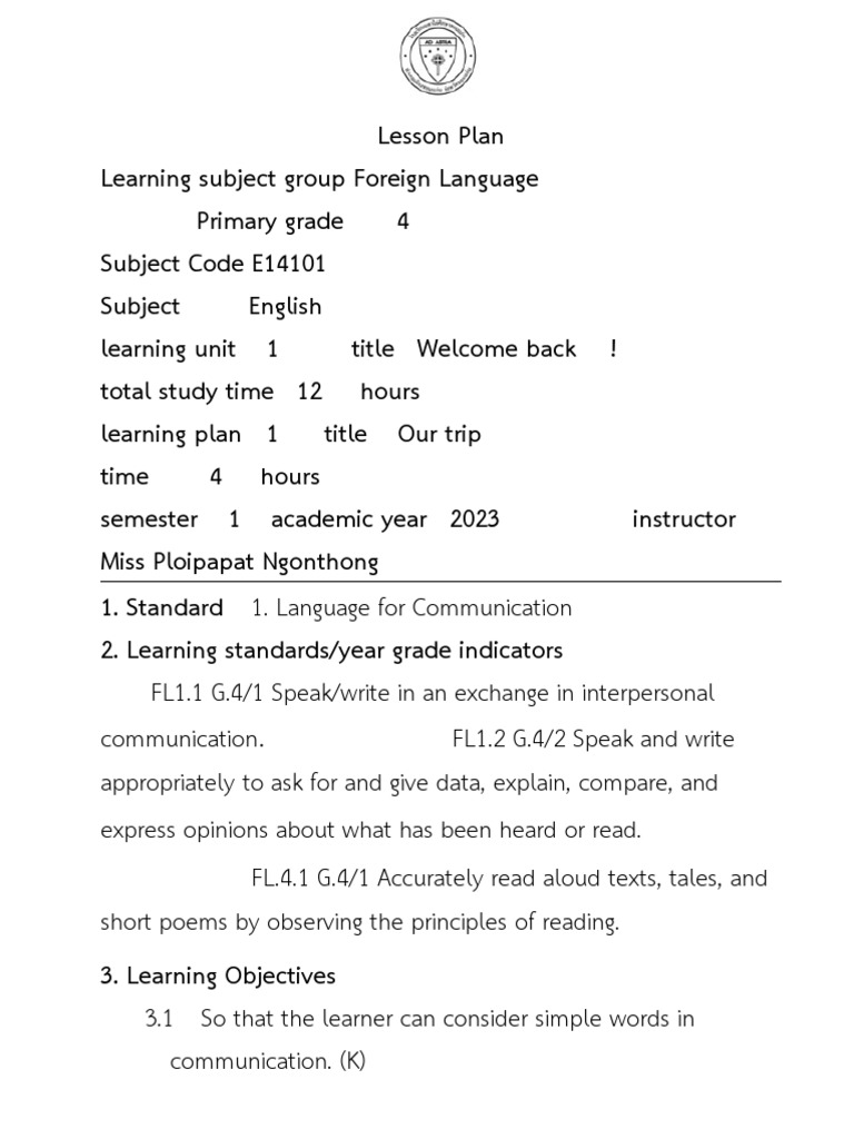 Lesson plan English G 4 Unit 1 plan 1 66 | PDF | Learning | Communication
