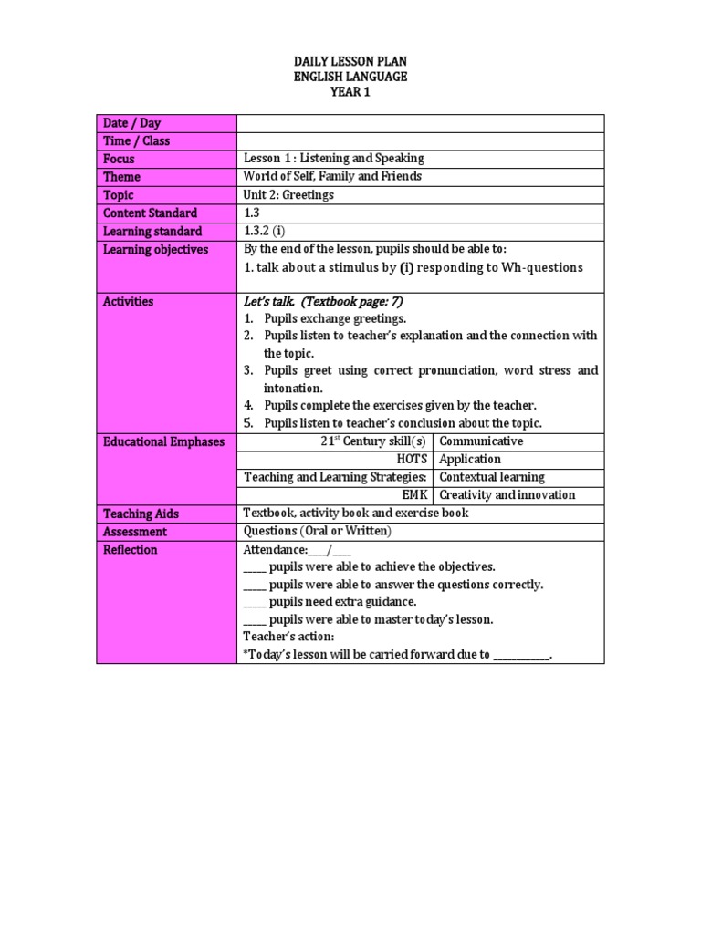 Year 1 English Lesson Plan: Greetings | PDF