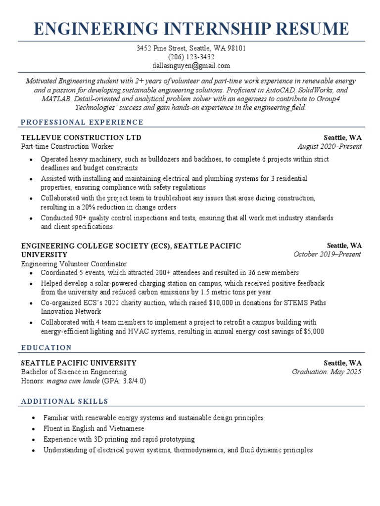Engineering Resume For Internship Example Template | PDF | Résumé ...