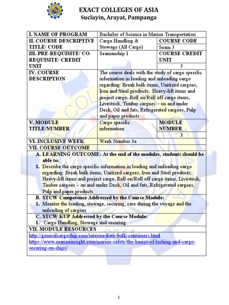 Cargo Handling Course at Exact Colleges of Asia | PDF | Cargo ...