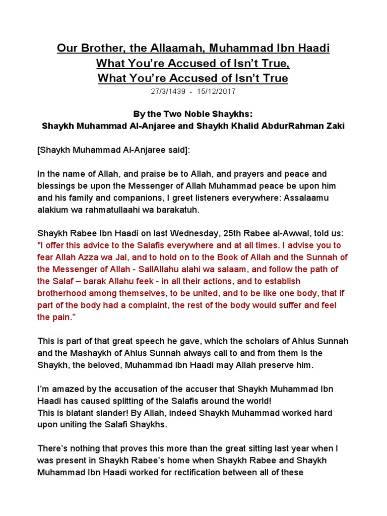 Defending Muhammad Ibn Haadi's Unity Efforts | PDF | Sunni Islam ...