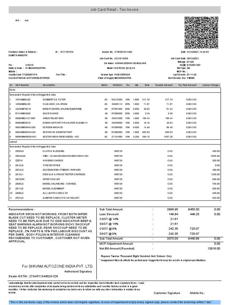 Scross Service Bill at 67K+ | PDF | Automotive Technologies | Car