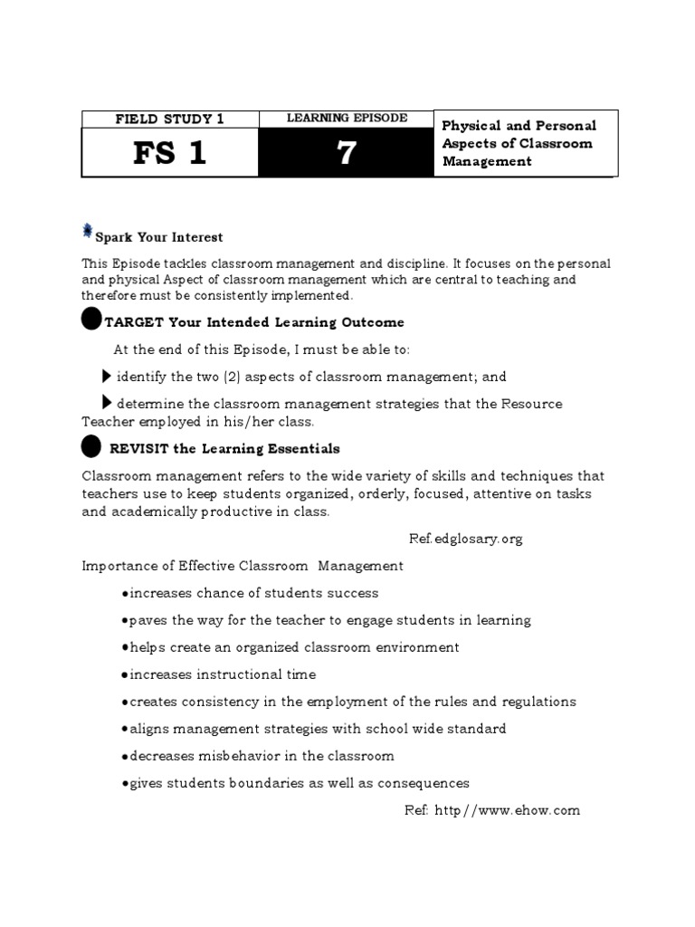 FS1-Learning Episode 7 | PDF | Classroom Management | Teachers