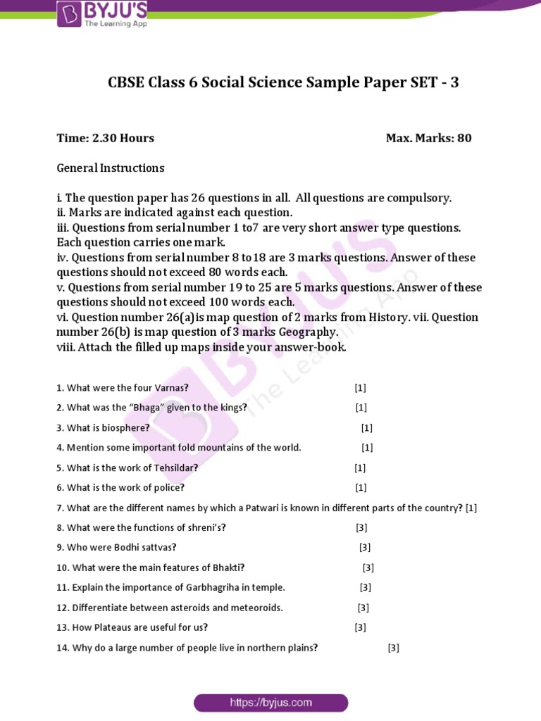 CBSE Class 6 Social Science Sample Paper SET 3 | PDF