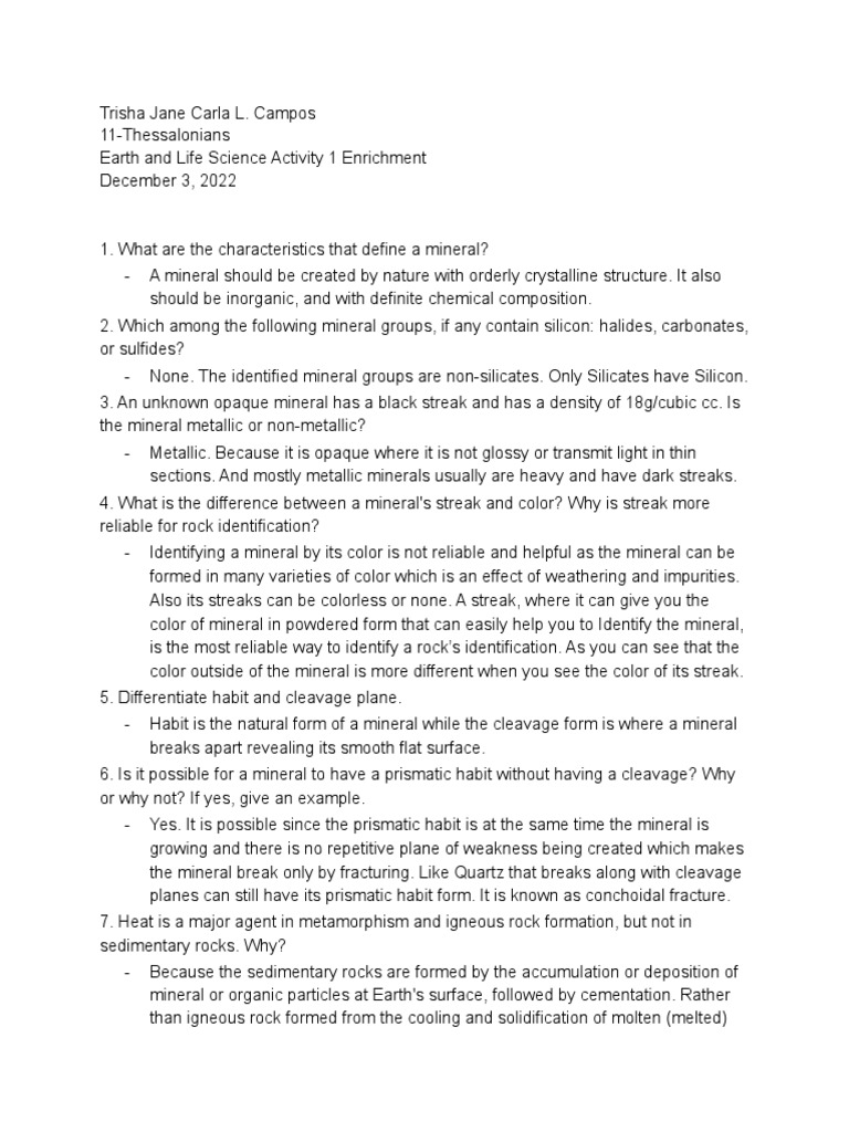 Act.1 Enrichment SCIENCE | PDF | Minerals | Rock (Geology)