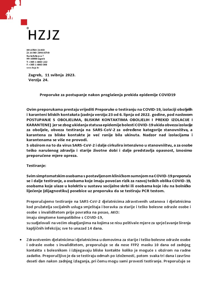 Preporuke Za Postupanje Nakon Proglašenja Prekida Epidemije | PDF