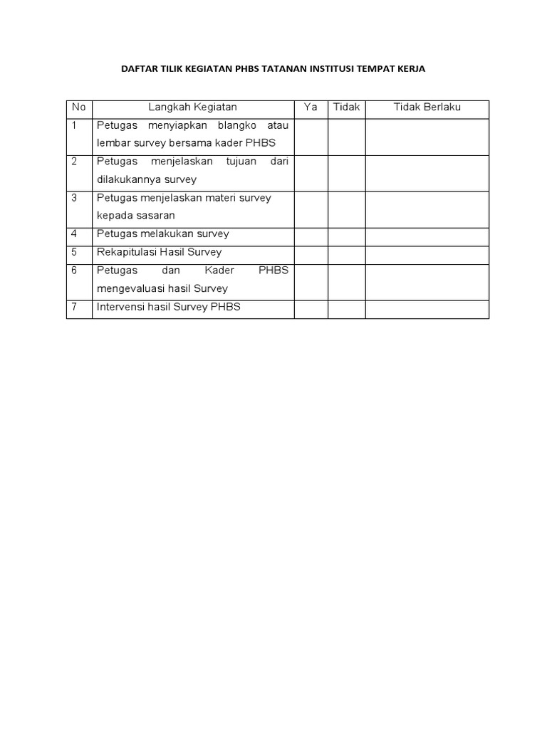 Daftar Tilik Kegiatan PHBS Tatanan Institusi Tempat Kerja | PDF