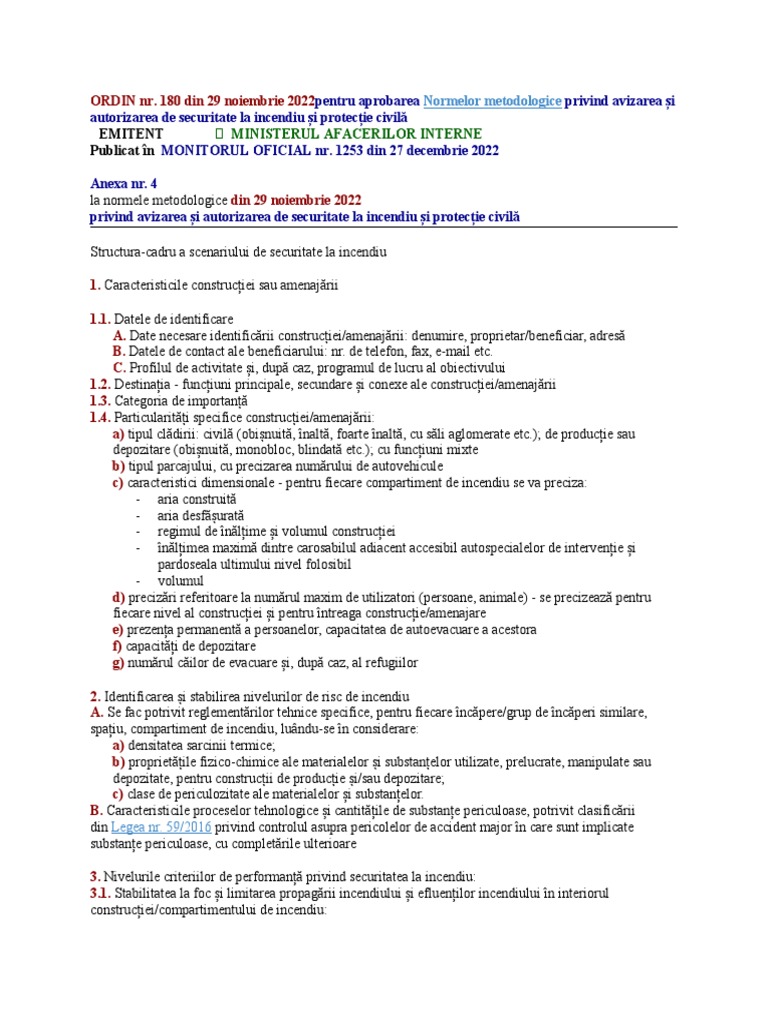 O 180 - 29 11 2022 - Norme Securitate La Incendiu - Doar Anexa 4 - Structura Cadru SCENARIU | PDF