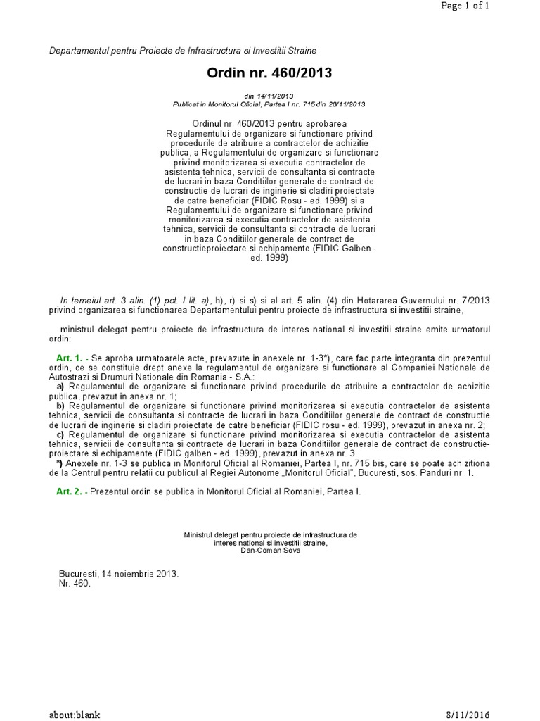 O 460 - 14 11 2013 - Aprobare Regulament - Fidic Rosu + Fidic Galben | PDF