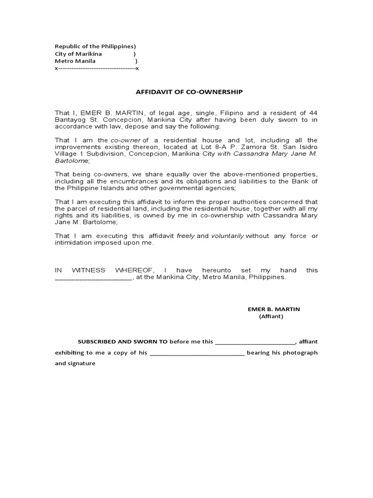 Affidavit of Co Ownership | PDF | Affidavit | Concurrent Estate