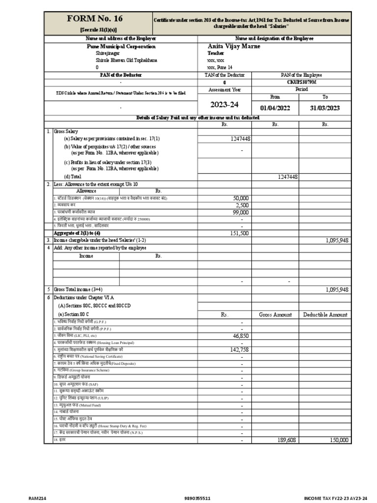 FORM No. 16: Pune Municipal Corporation | Download Free PDF | Money | Taxes