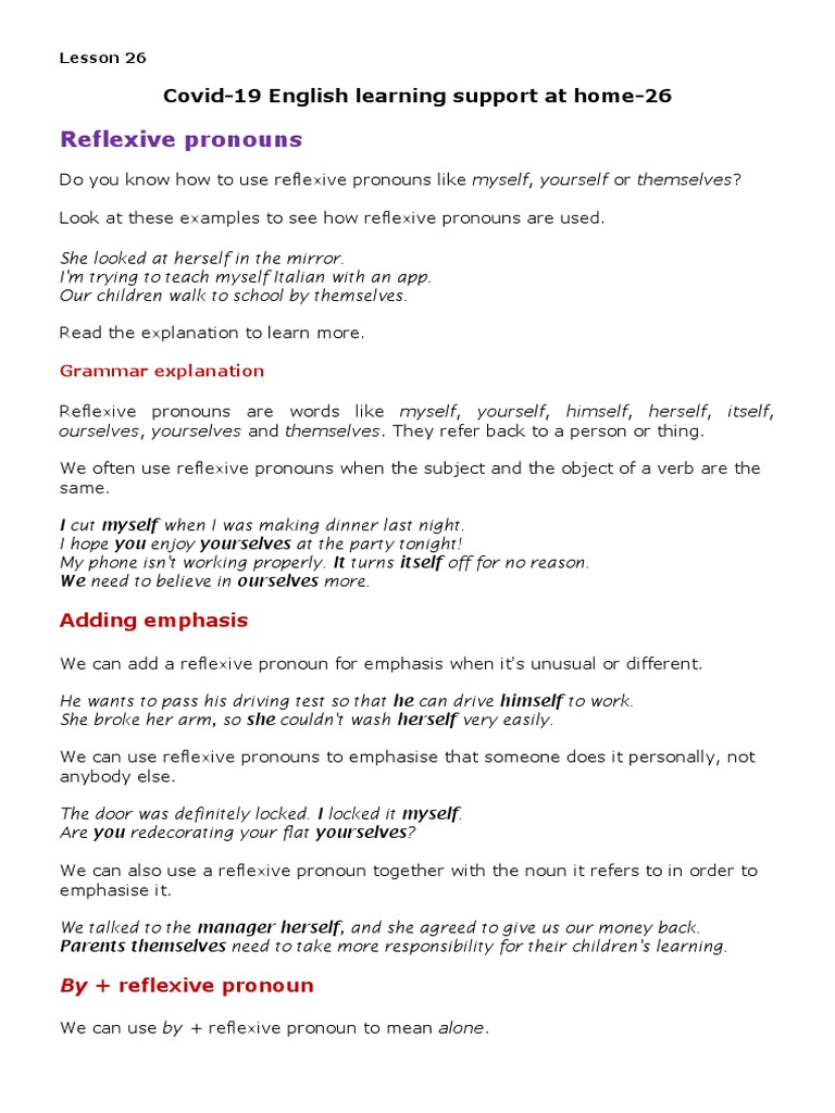 Lesson 26 Reflexive Pronoun | PDF | Pronoun | Cognitive Science