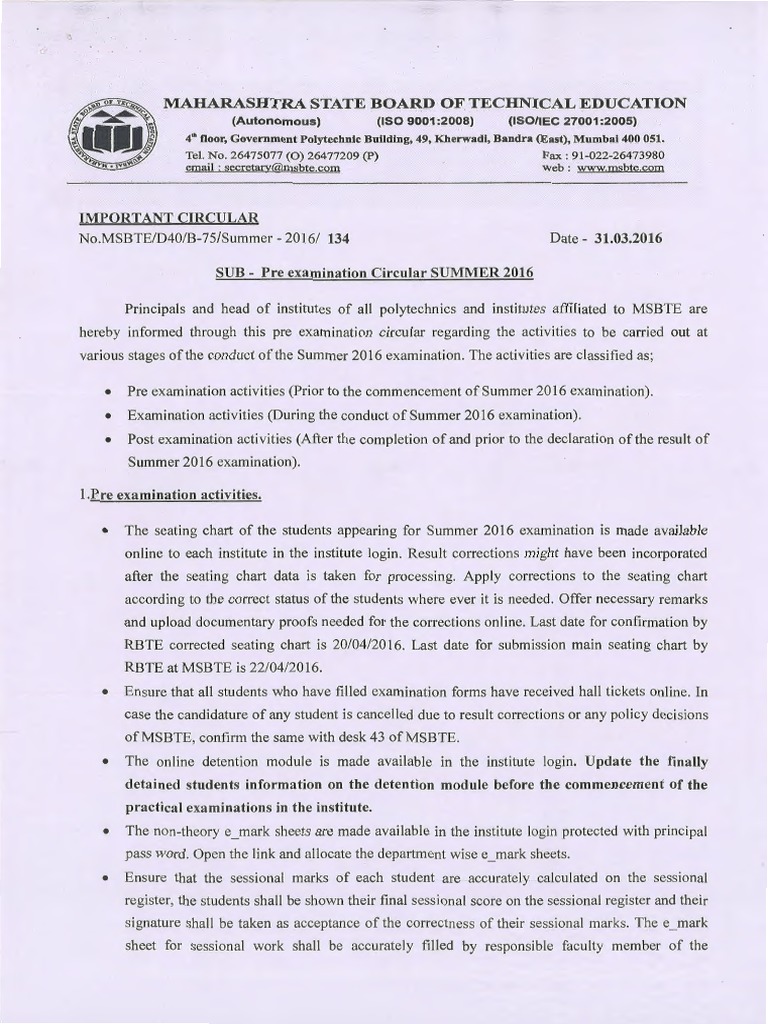 MSBTE Summer 2016 Exam Circular | PDF