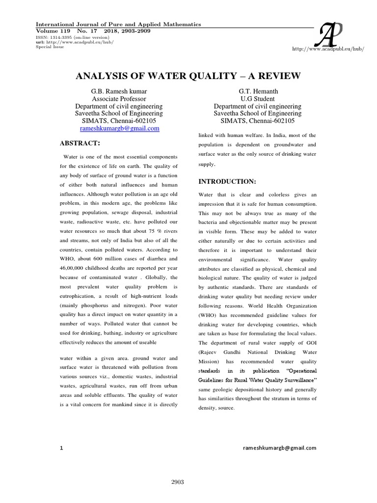 Analysis of Water Quality - A Review | PDF | Water Quality | Water