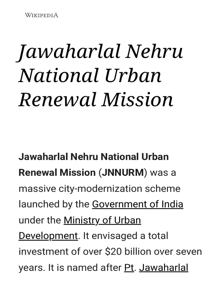 Jawaharlal Nehru National Urban Renewal Mission - Wikipedia PDF | PDF ... Jawaharlal Nehru National Urban Renewal Mission - Wikipedia PDF | PDF ...