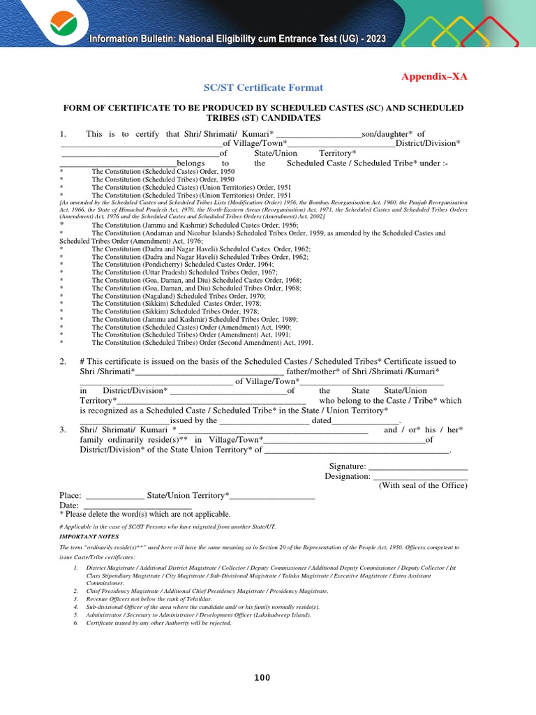 SC - ST Certificate NEET 2023 | PDF | Government Of India | Government