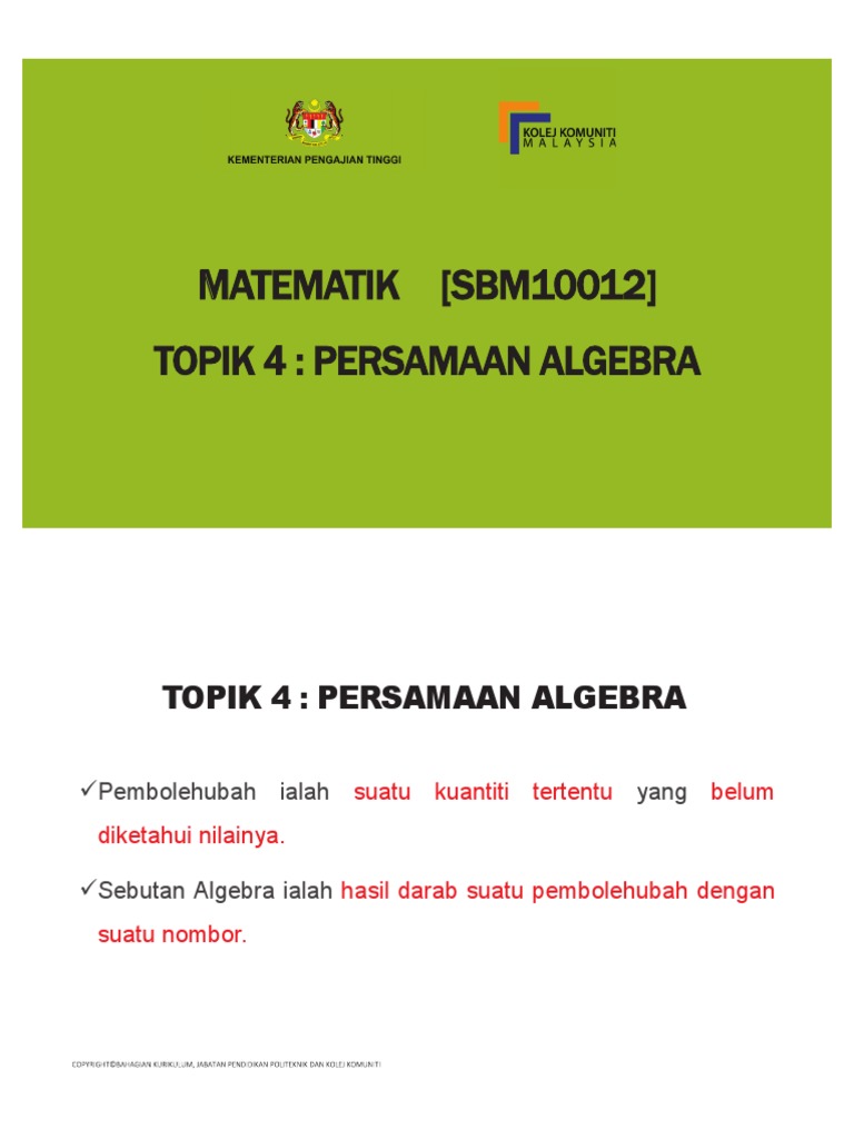 TOPIK 4 PERSAMAAN ALGEBRA-FINAL - PDF (Versi Student) PDF | PDF