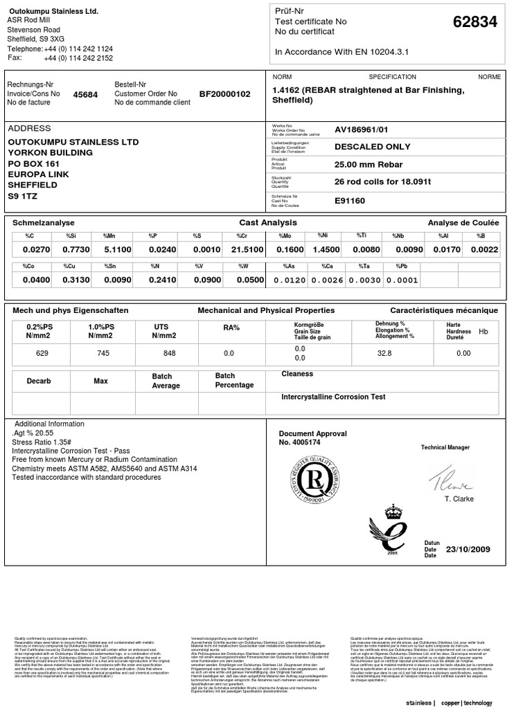 Lloyds Mill Test Certificate For Outokumpu Sheffield ASR PDF | PDF ...