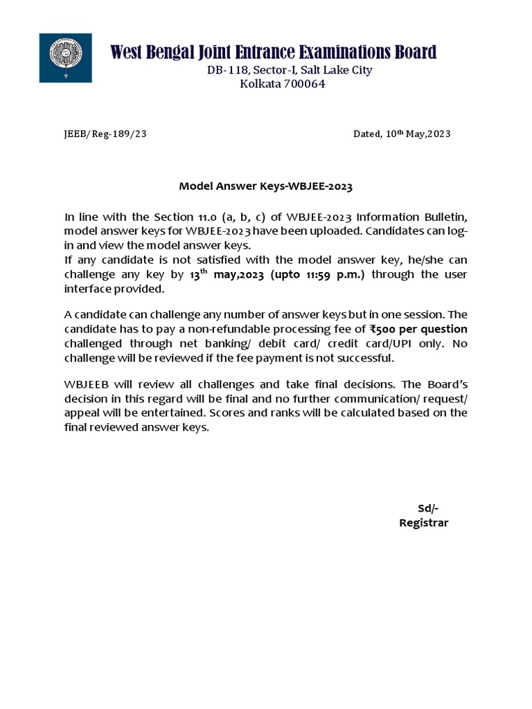 Notice Model Answer Key WBJEE-2023 PDF | PDF
