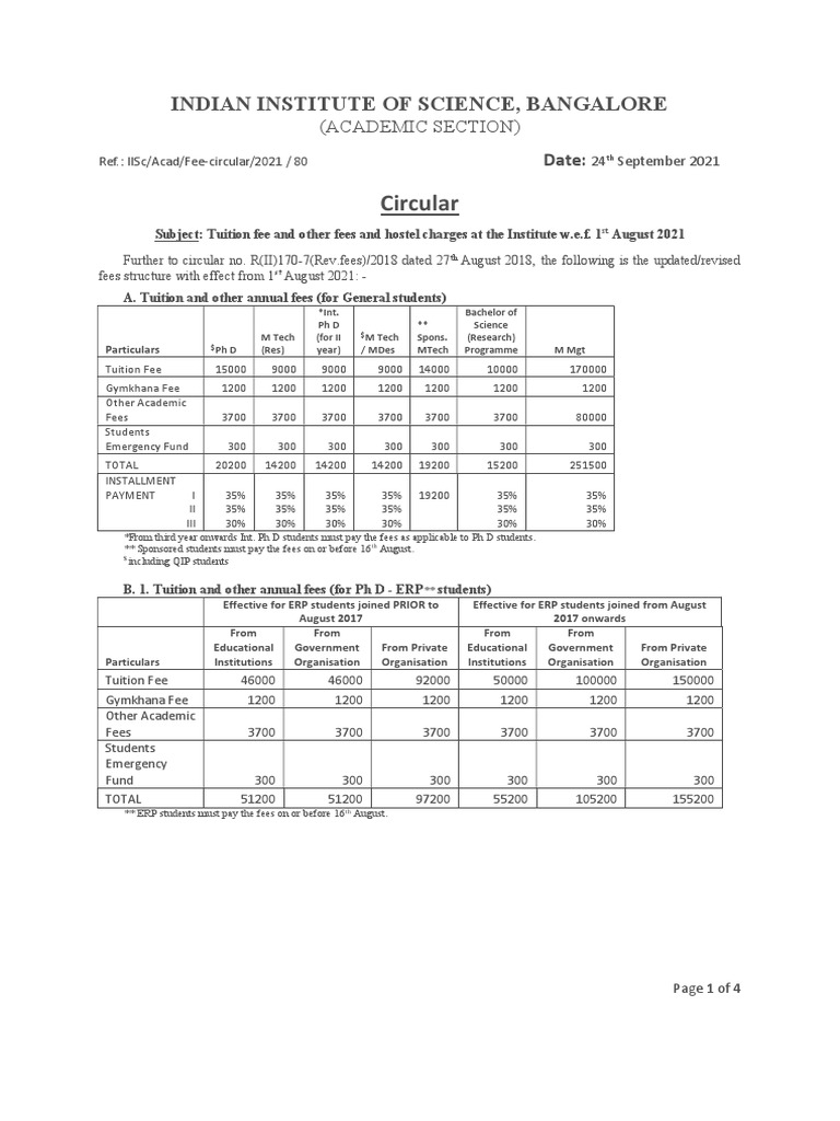 IISc Fee Structure With Bank Details August2021 Web PDF | PDF | Doctor ...