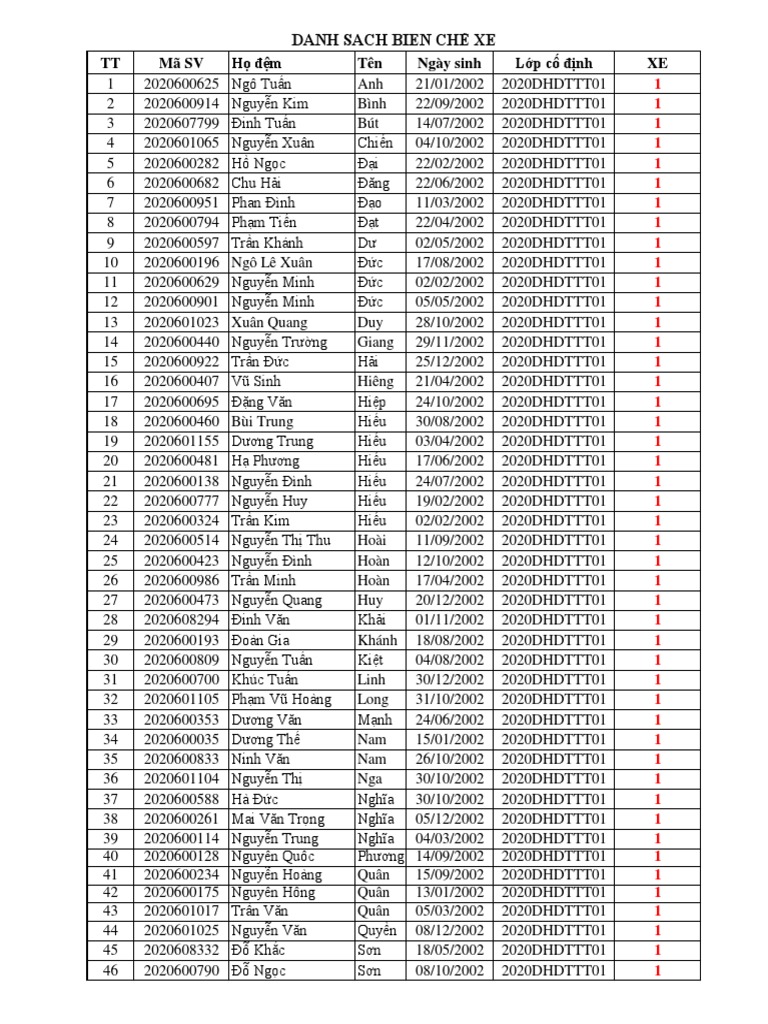DS Biên chế xe K15.ĐT+DTKD học bù PDF | PDF