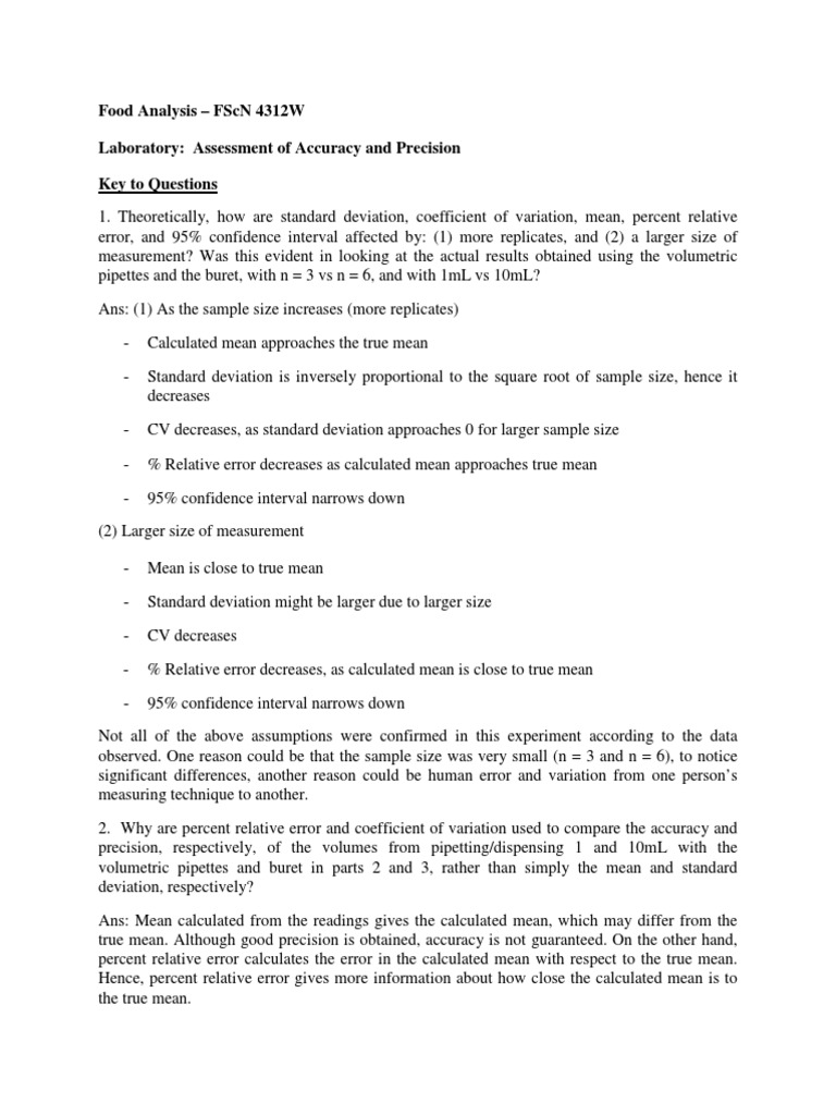 Lab 2 - Accuracy and Precision - Key To Questions-1 | Download Free PDF | Accuracy And Precision ...
