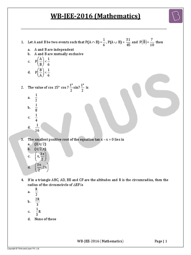 WB-JEE 2016 Mathematics Solutions | PDF | Mathematical Concepts ...