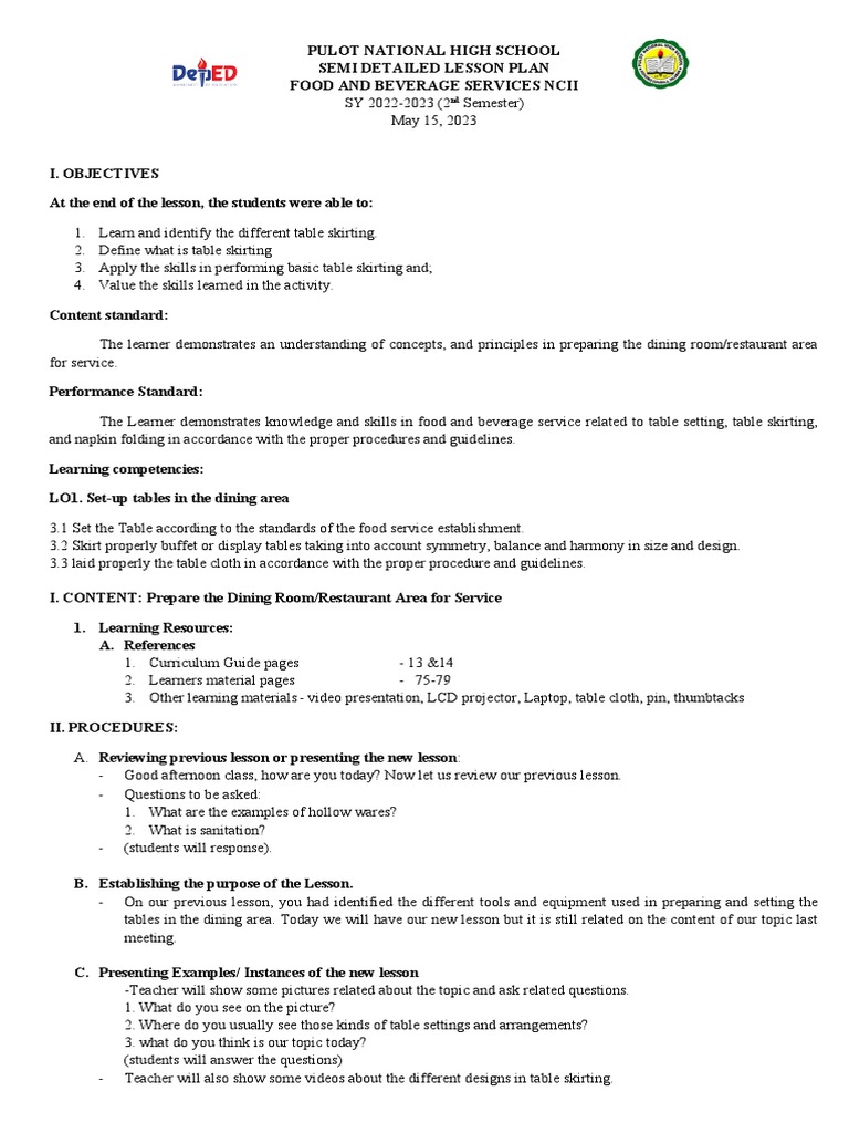 DLP Food and Beverage Services | PDF | Skirt | Learning