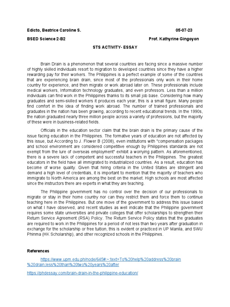 Edicto, Beatrice Caroline - Brain Drain Essay PDF | PDF | Human Capital Flight | Economies