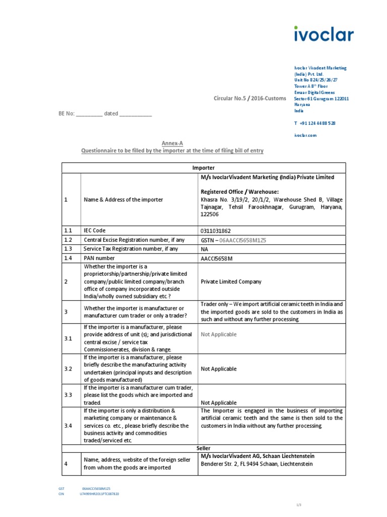 Questionnaire for Importer Seeking Renewal of SVB Order on Artificial ...