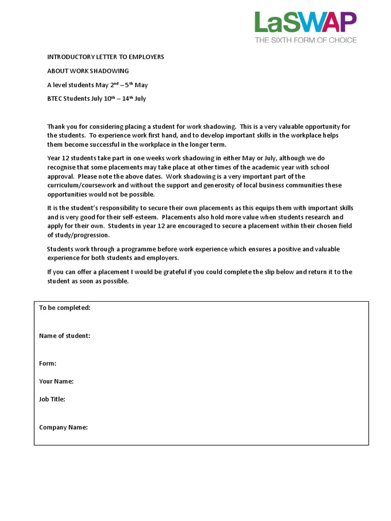 Work Shadowing Intro Letter for Employers | PDF