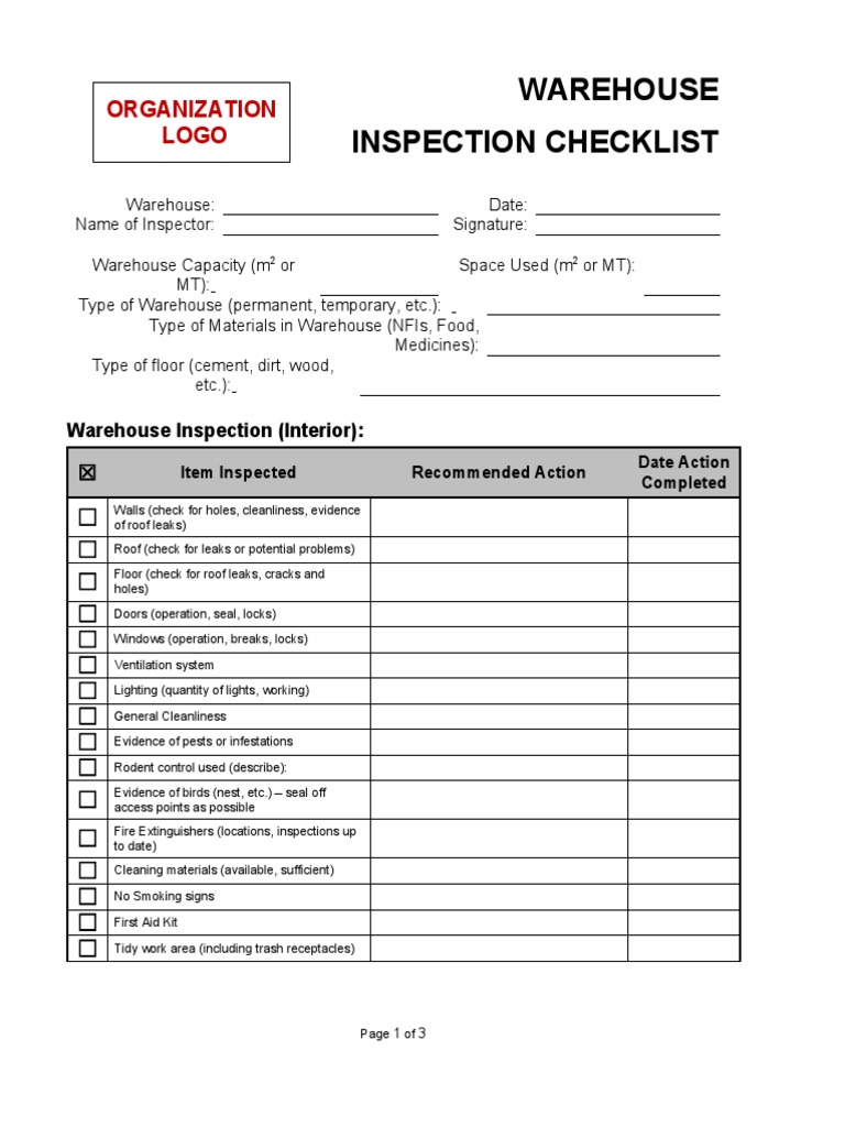 TEMPLATE - Warehouse Inspection Checklist | PDF | Warehouse
