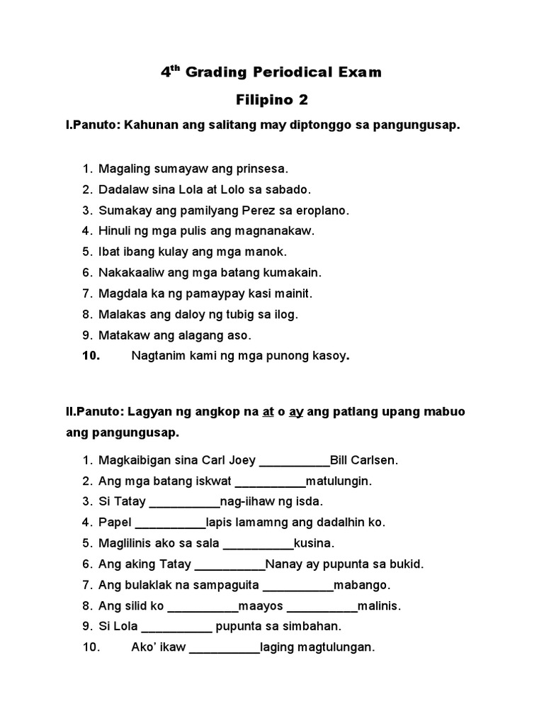 4th Grading Periodical Exam Filipino | PDF