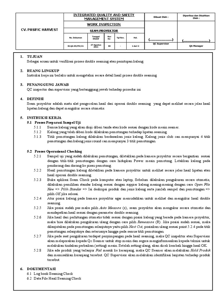 Prosedur Verifikasi Double Seaming | PDF