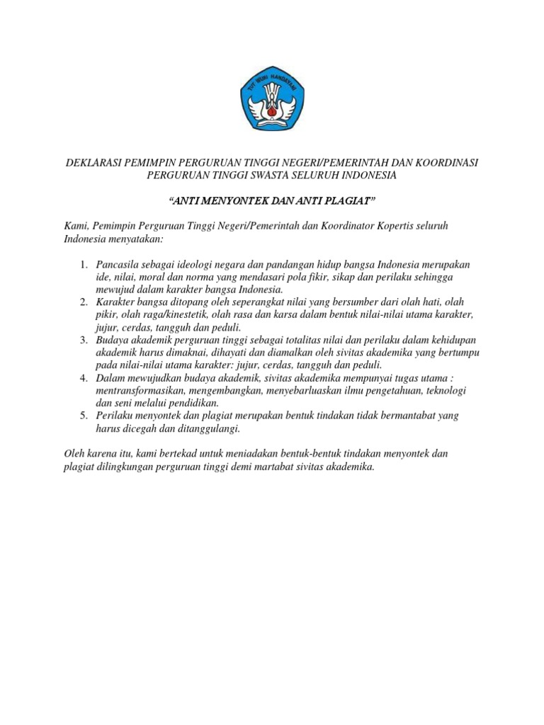 Deklarasi Anti Menyontek Anti Plagiat | PDF