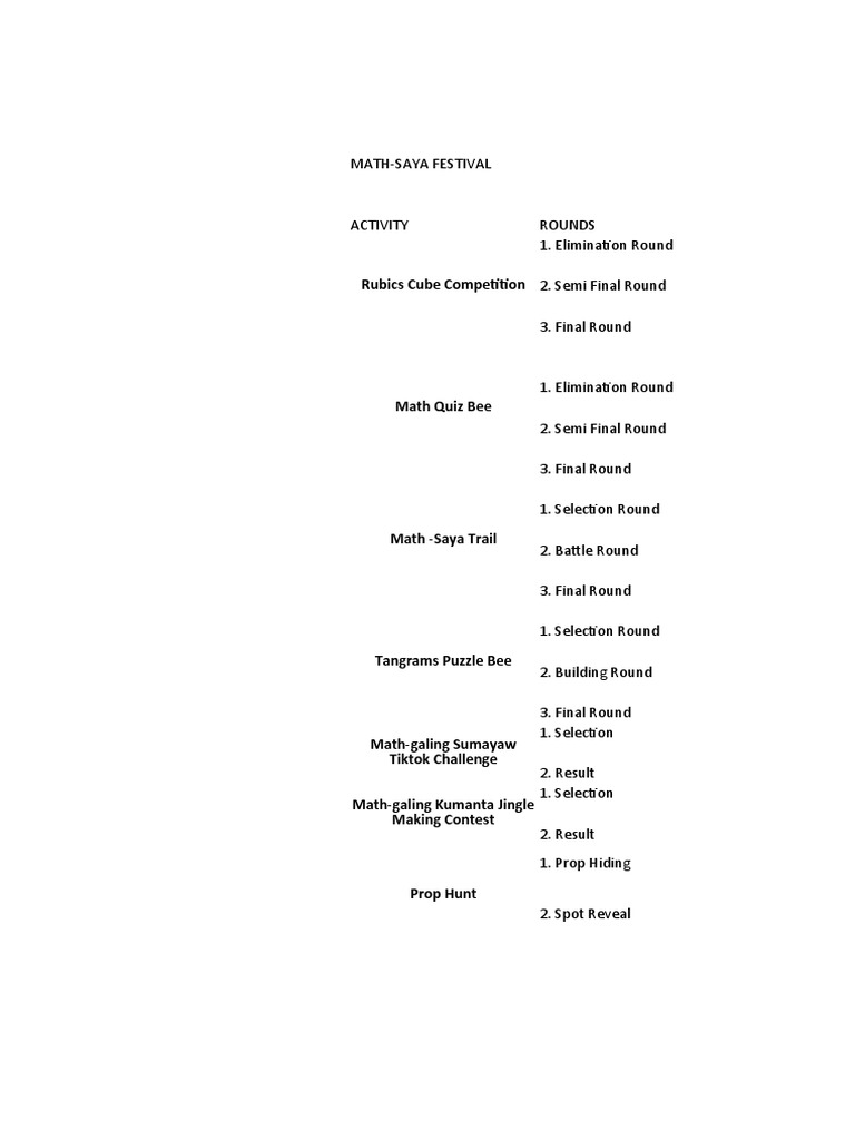 MATH FEST PROPOSED ACTIVITIES.xlsx | PDF