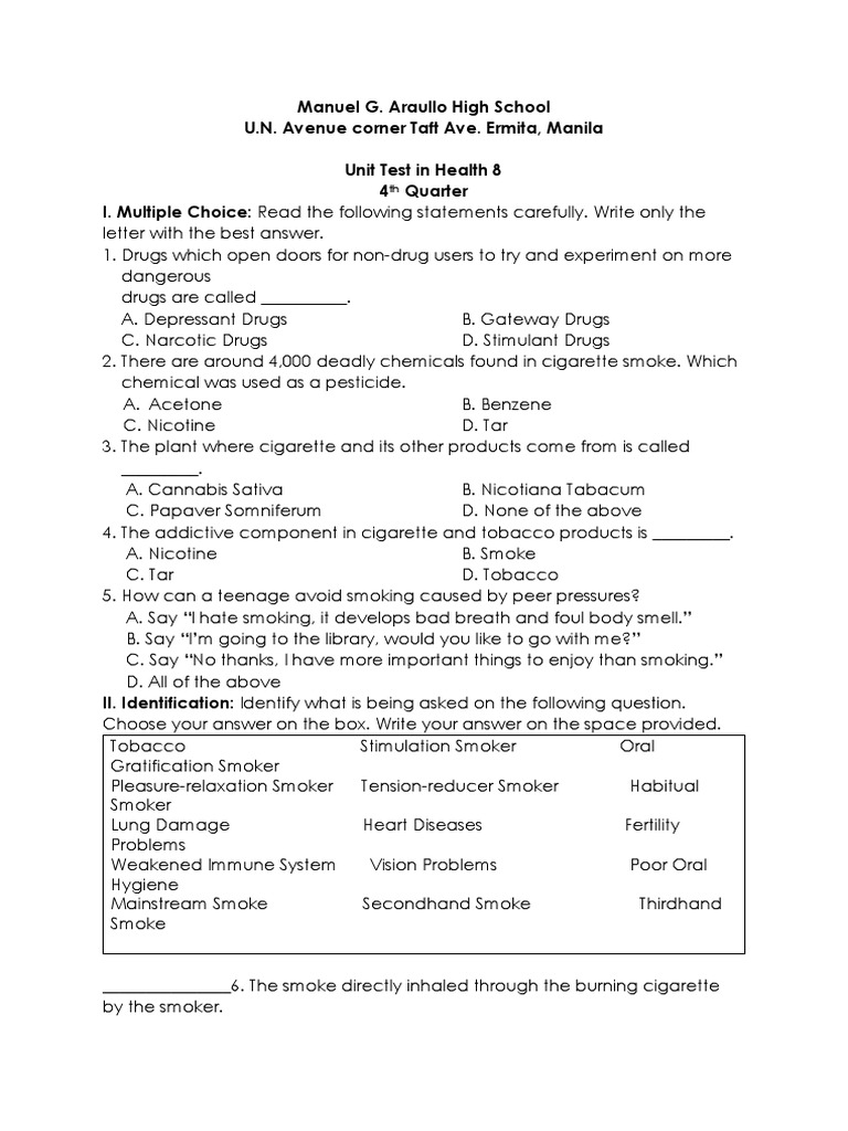 Unit Test Health 8 Q4 | PDF | Tobacco Smoking | Addiction